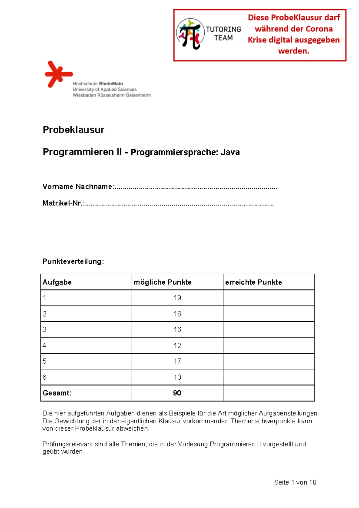 Probeklausur Summer 2020, Fragen - Probeklausur Programmieren II - Programmiersprache: Java ...