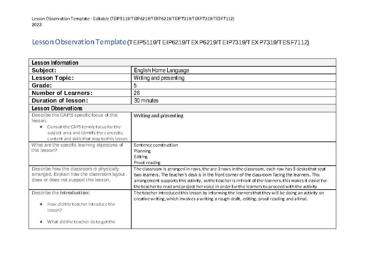 Teip task 2 - Teaching experience task 2 poe - 2023 Lesson Observation Template - Studocu