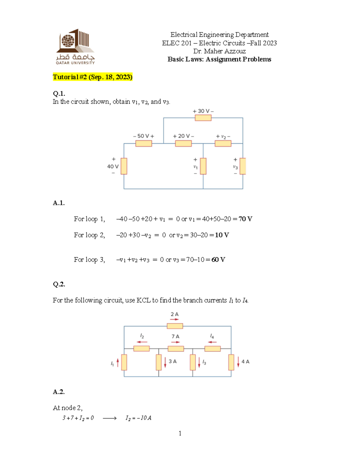 ELEC201 - Assign 2 - Prob & Sol - Electrical Engineering Department ELEC 201 – Electric Circuits ...