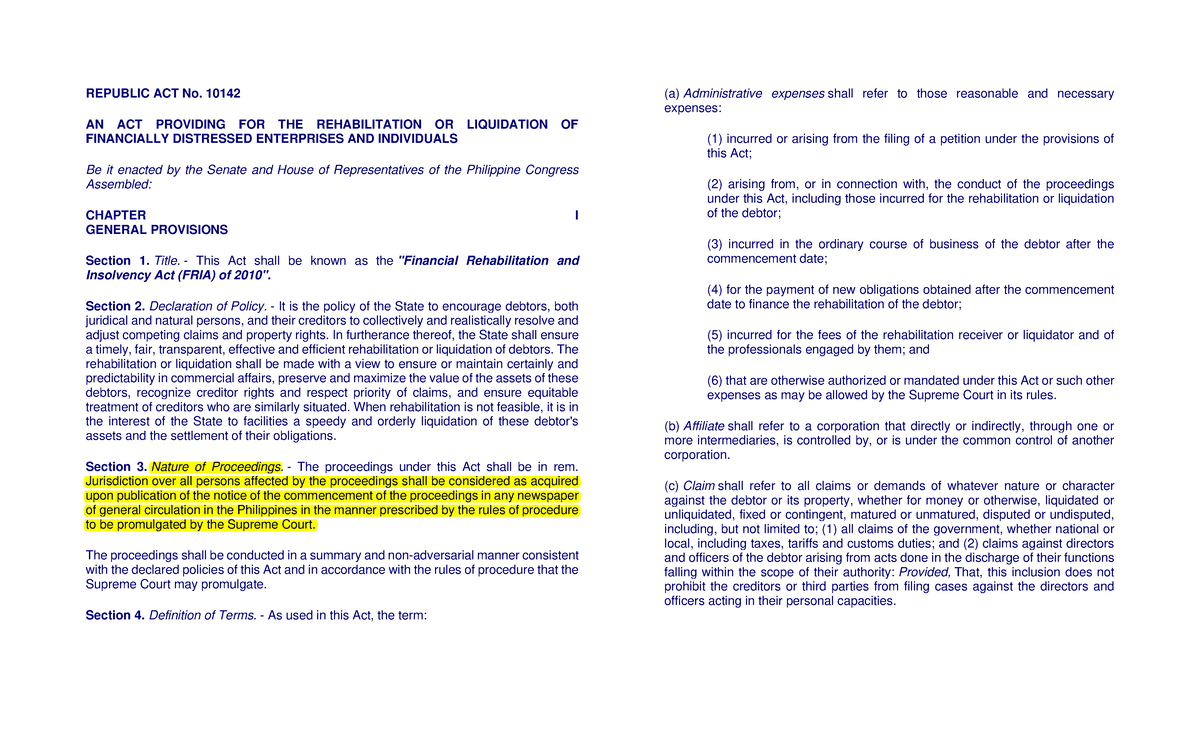 RA 10142 (FRIA) - FRIA - REPUBLIC ACT No. 10142 AN ACT PROVIDING FOR ...