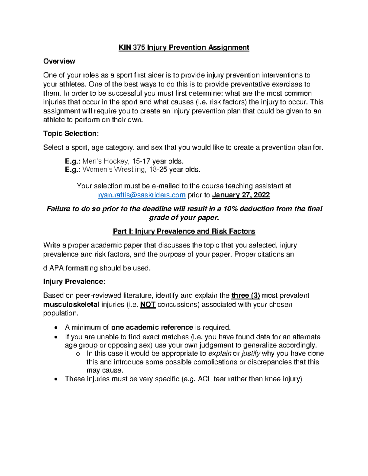 Injury Prevention Assignment Instructions Taping Rubric in Lower OP ...