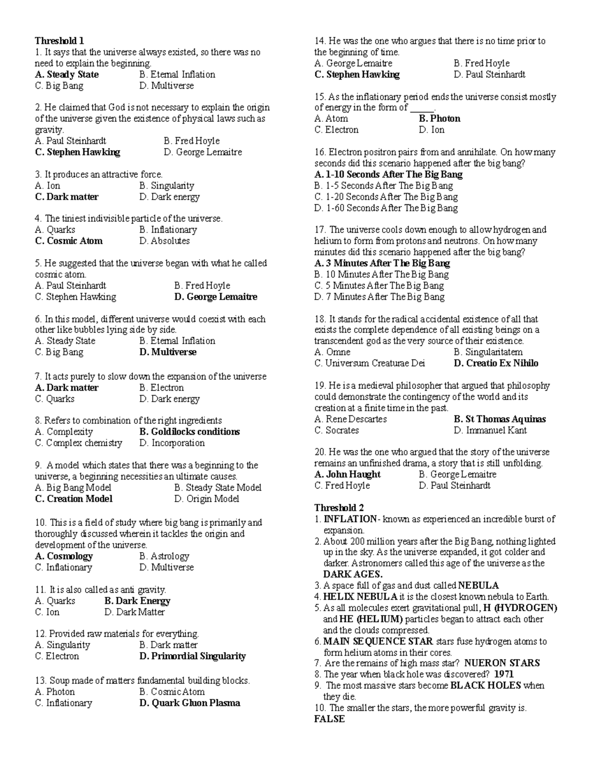 Bh-reviewer - Lecture notes 1-7 - Threshold 1 It says that the universe ...