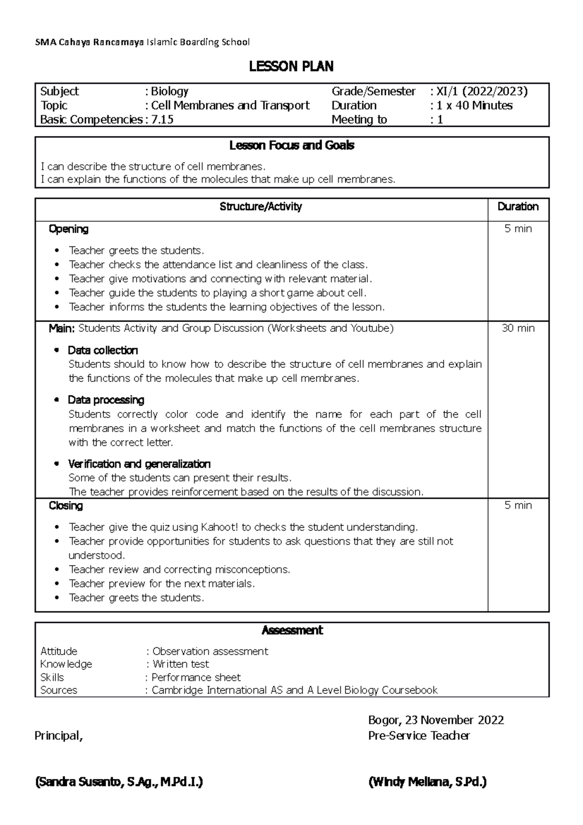 Lesson plan 1 cell membranes and transport - LESSON PLAN Subject ...