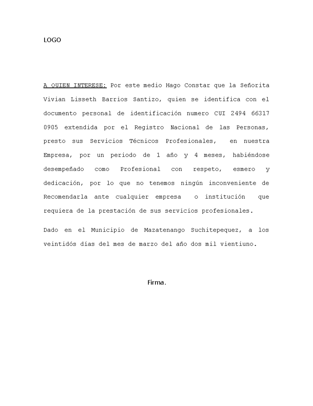 Recomendacion DON Gustavo - LOGO A QUIEN INTERESE: Por este medio Hago ...