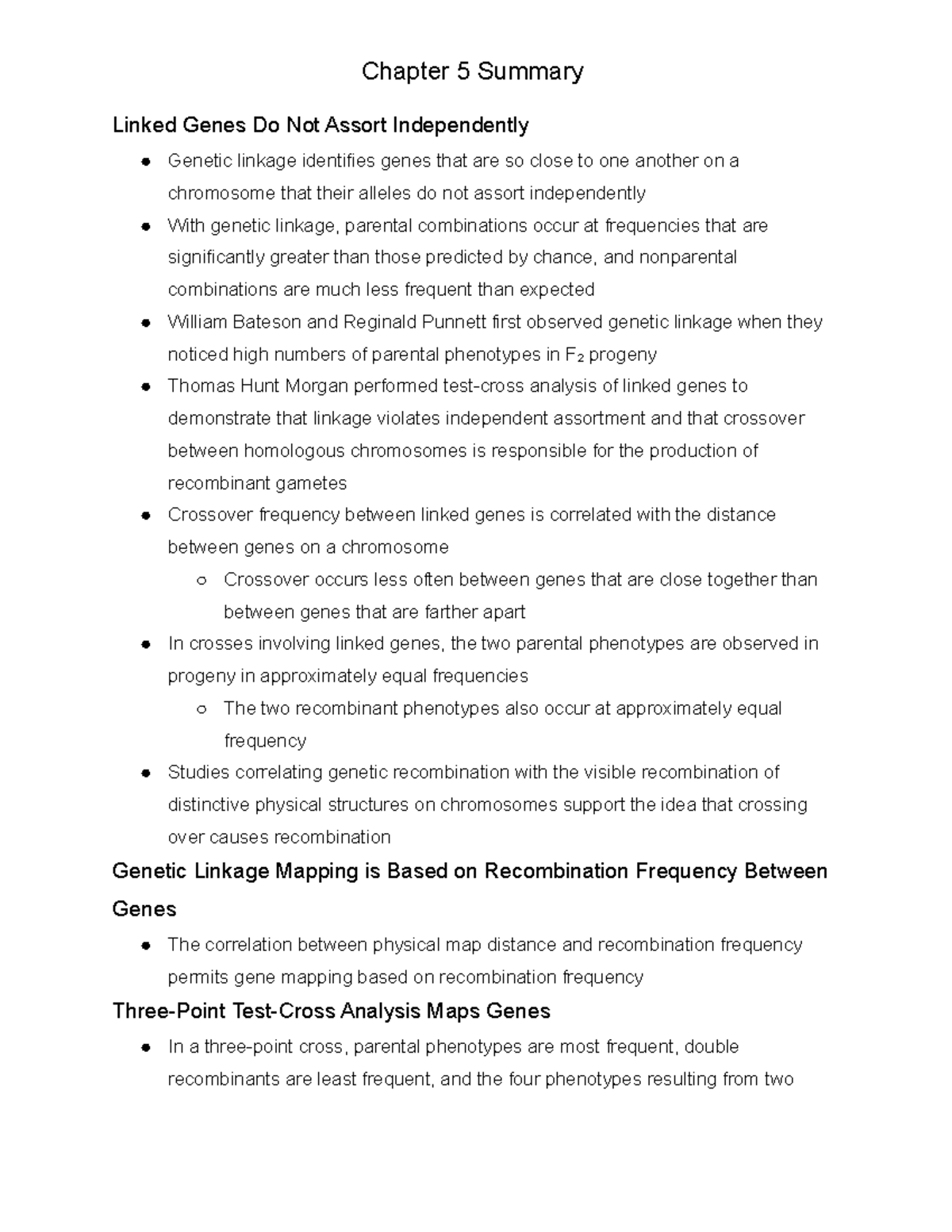 Chapter 5 Summary Chapter 5 Summary Linked Genes Do Not Assort Independently Genetic Linkage 