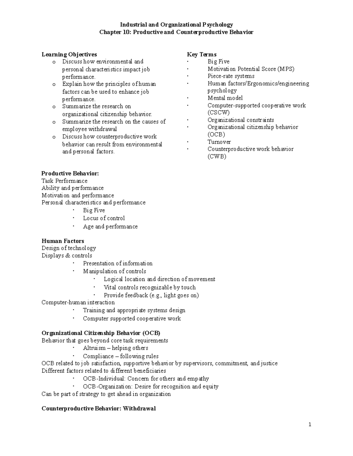 PSYC 3800 Chapter 10 Lecture Notes - Industrial and Organizational ...