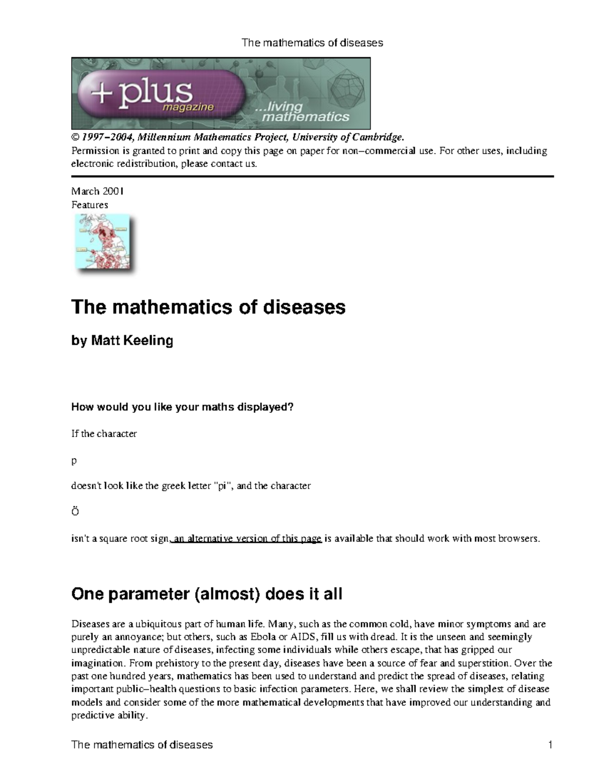 Maths of Disease Matt Keating Cambridge - © 1997−2004, Millennium Mathematics Project ...