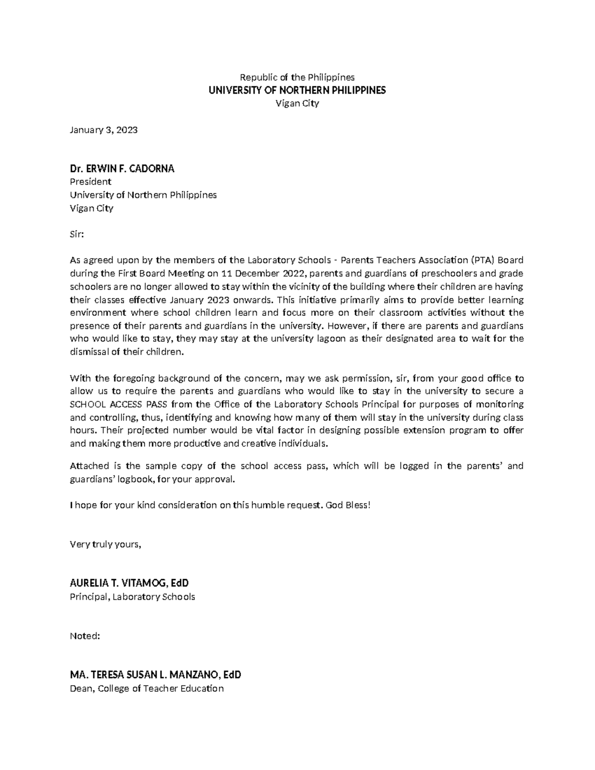 Letter for school Access Pass - Republic of the Philippines UNIVERSITY ...