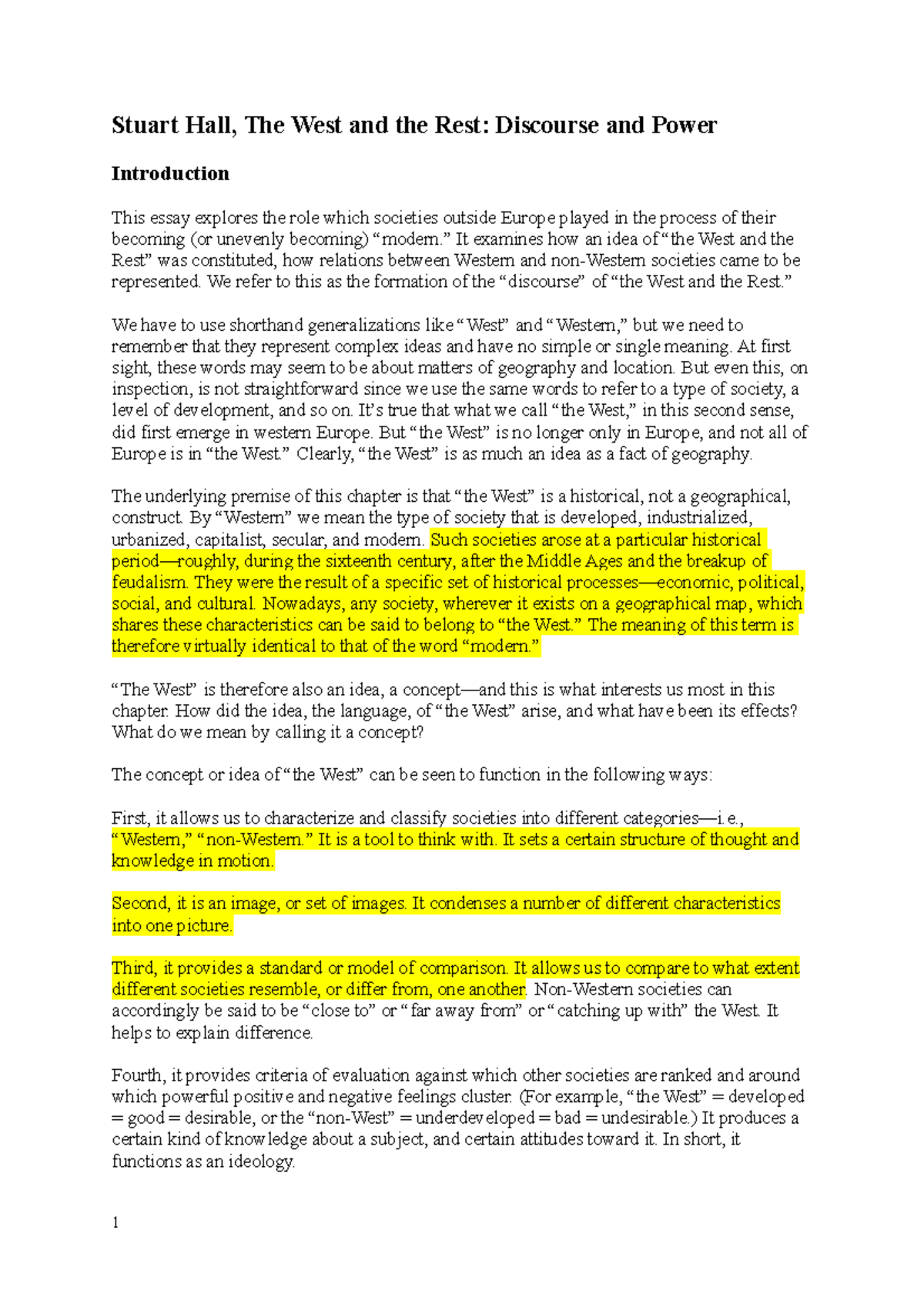 Stuart Hall The West and Rest 2023 summary - 1 Stuart Hall, The West ...