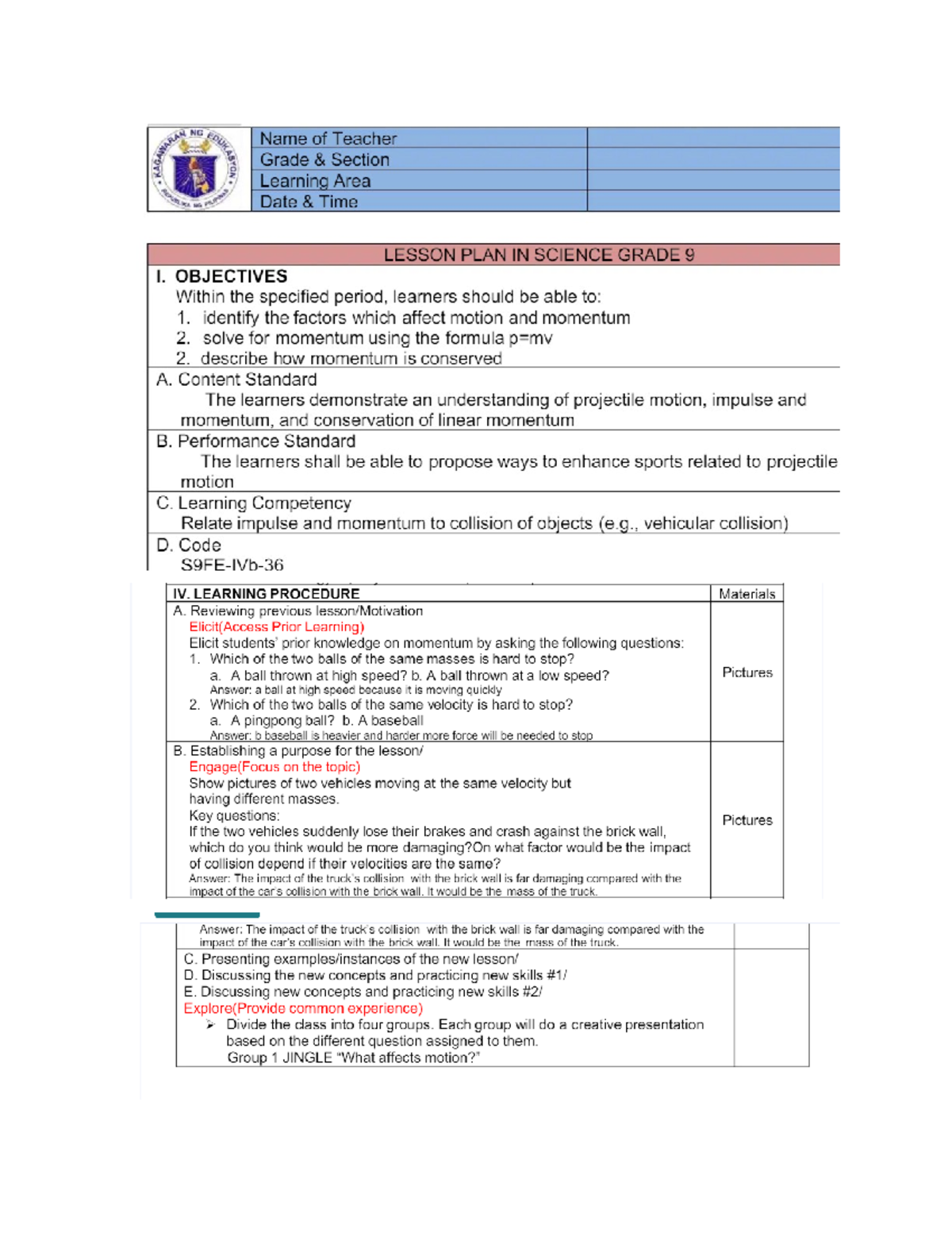 Lesson plan ss - demo teaching - Grade 7 - Science 7 - Studocu