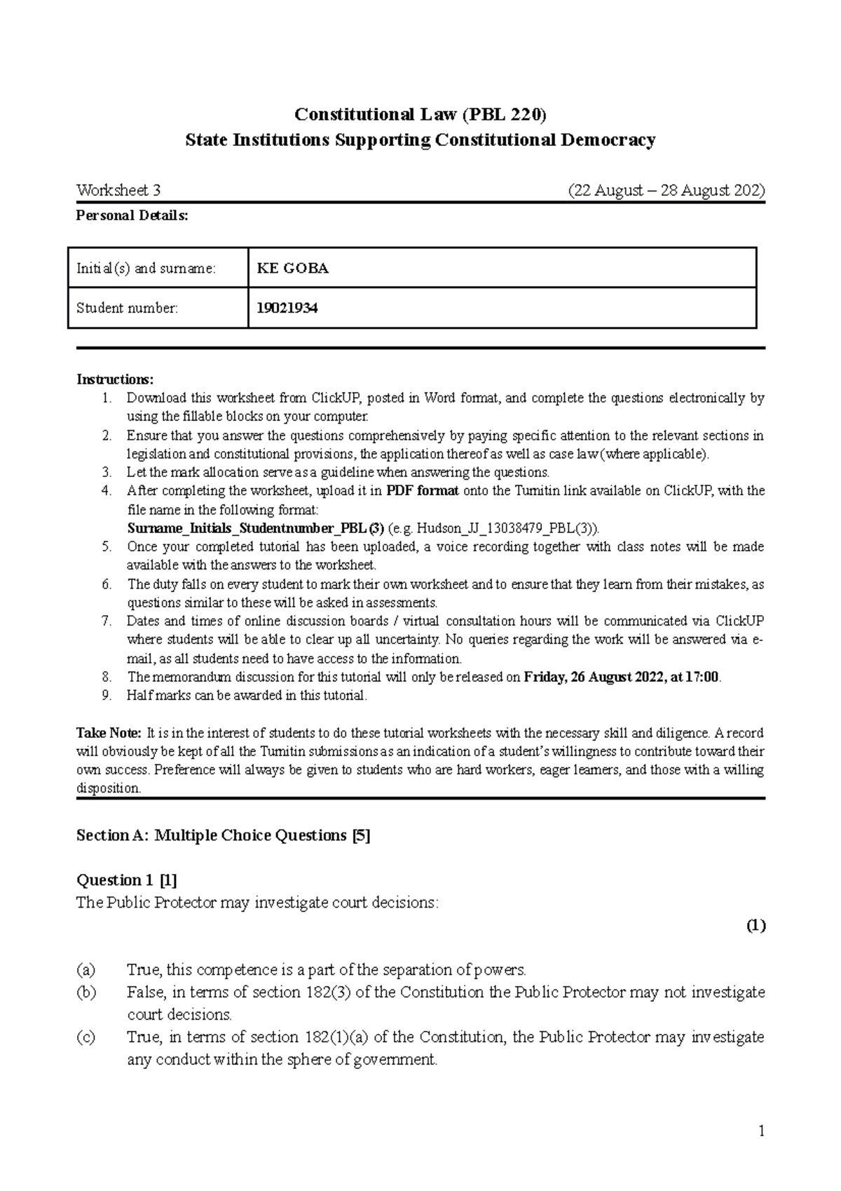 Worksheet 3 Click UP - practice questions - Constitutional Law (PBL 220 ...