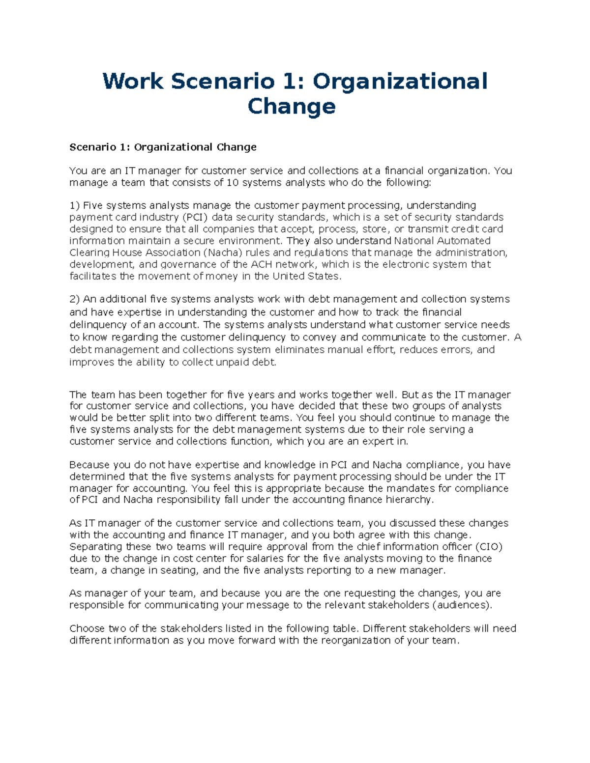 Work Scenario 1 - the assignment - Work Scenario 1: Organizational ...