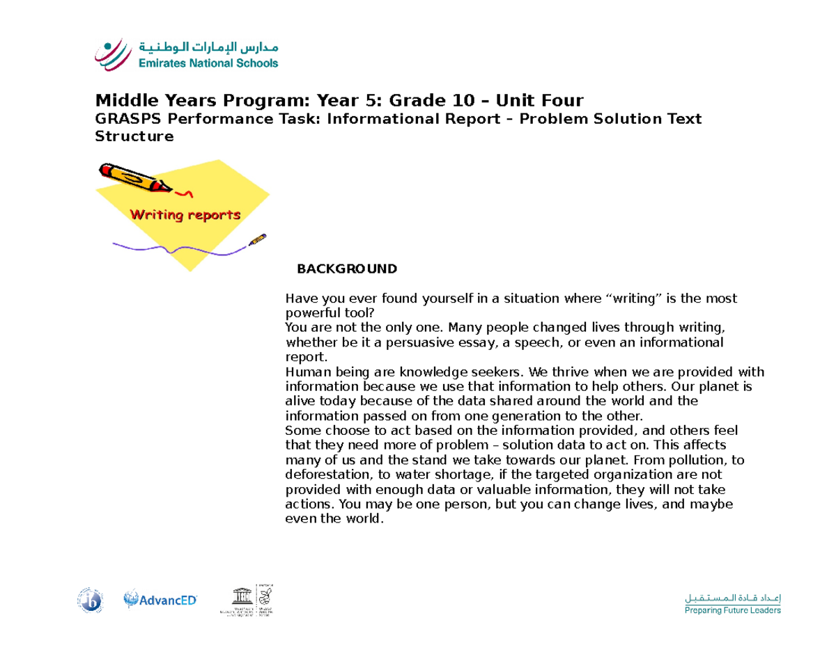 Grasps Informational Report Performance Task - English 2 - UAEU - Studocu