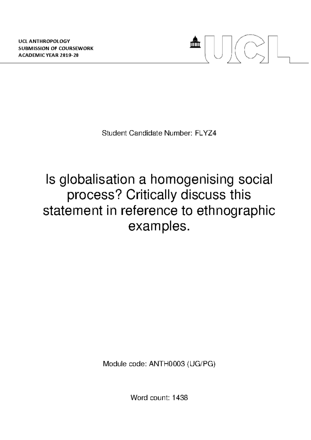 Sample Essay 5 - Globalisation - UCL ANTHROPOLOGY SUBMISSION OF ...