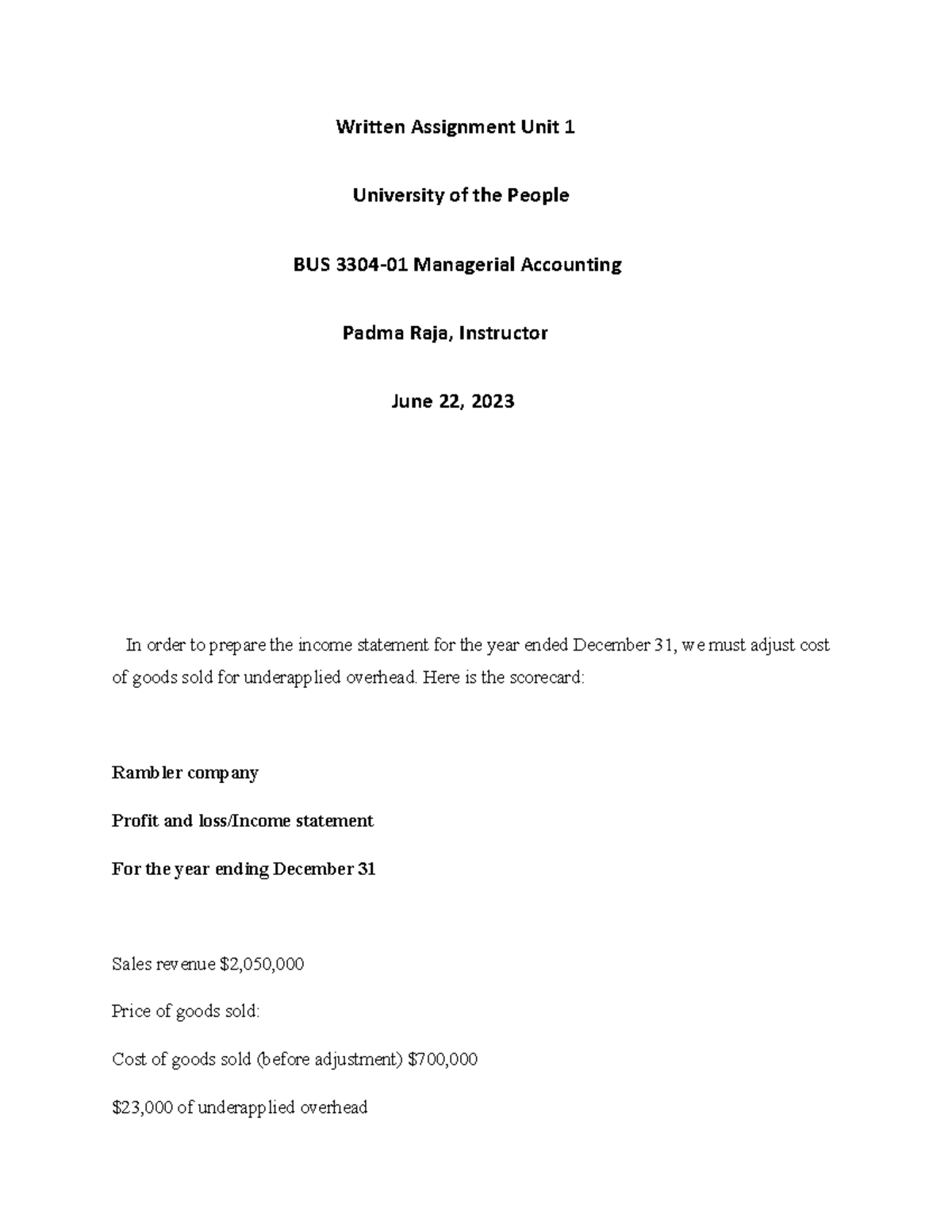 Written Assignment Unit 1 3304 - Written Assignment Unit 1 University of the People BUS 3304-01 ...