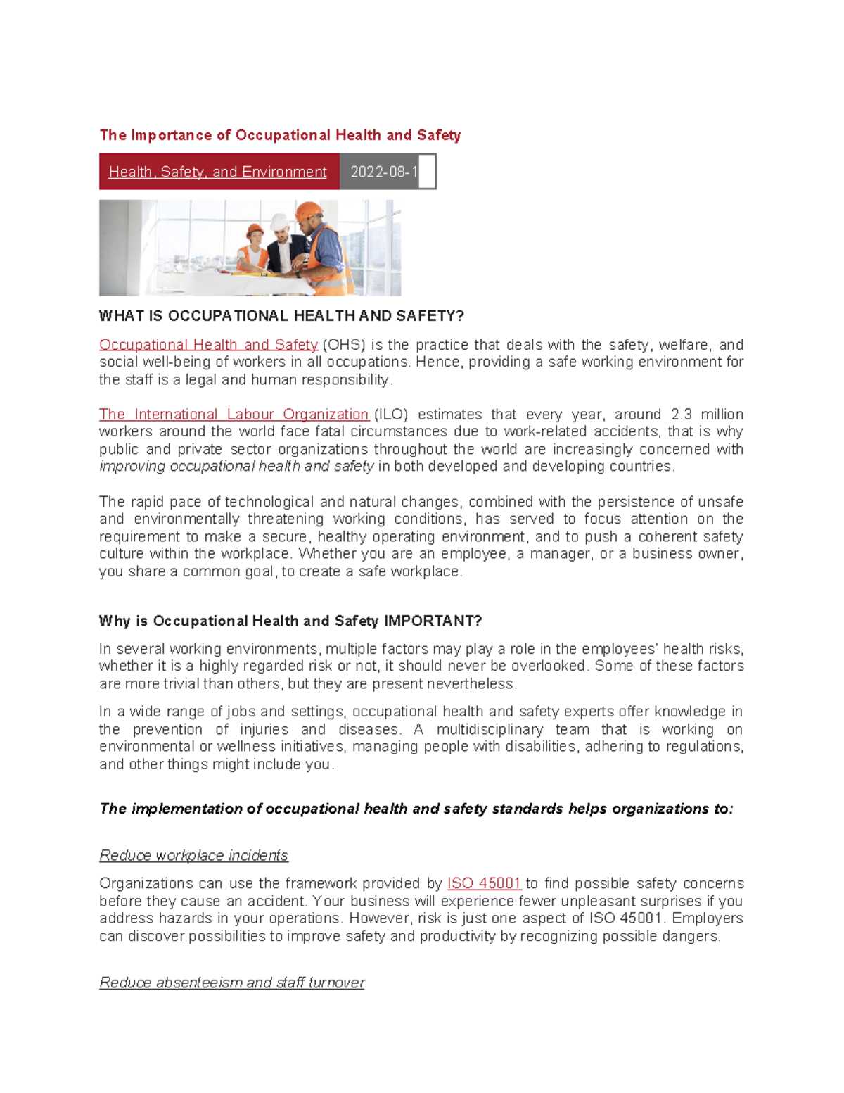 The Importance of Occupational Health and Safety - Hence, providing a ...