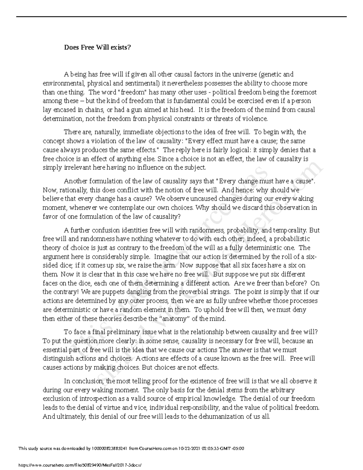 Met Fall 2017 3; Does free will exist; explain in details - Comparative ...