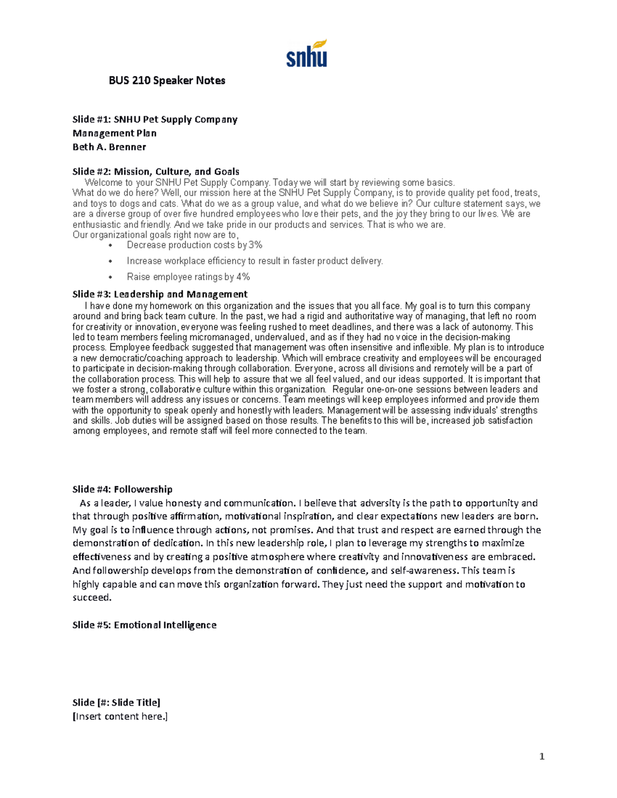 BUS 210. Project 1.Speaker Notes - BUS 210 Speaker Notes Slide #1: SNHU ...