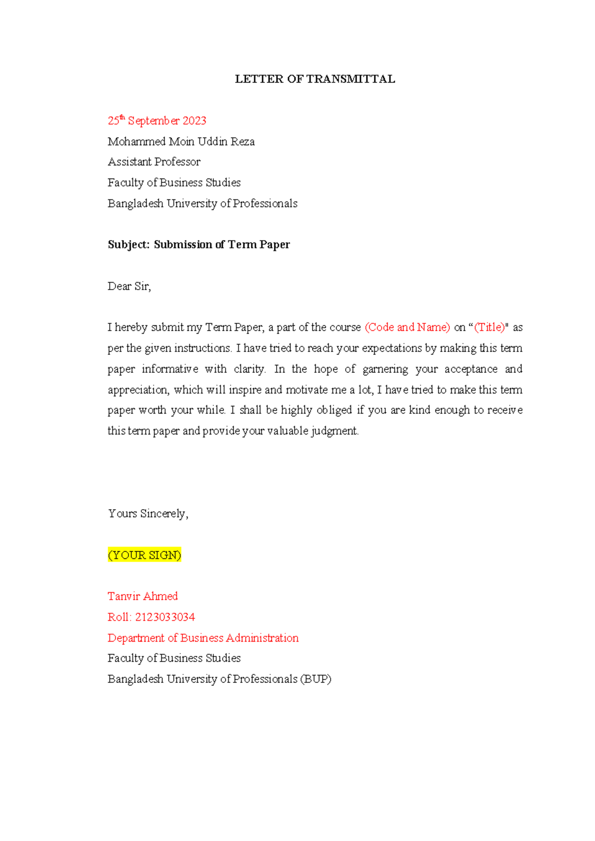 Letter of Transmittal Template - LETTER OF TRANSMITTAL 25 th September ...