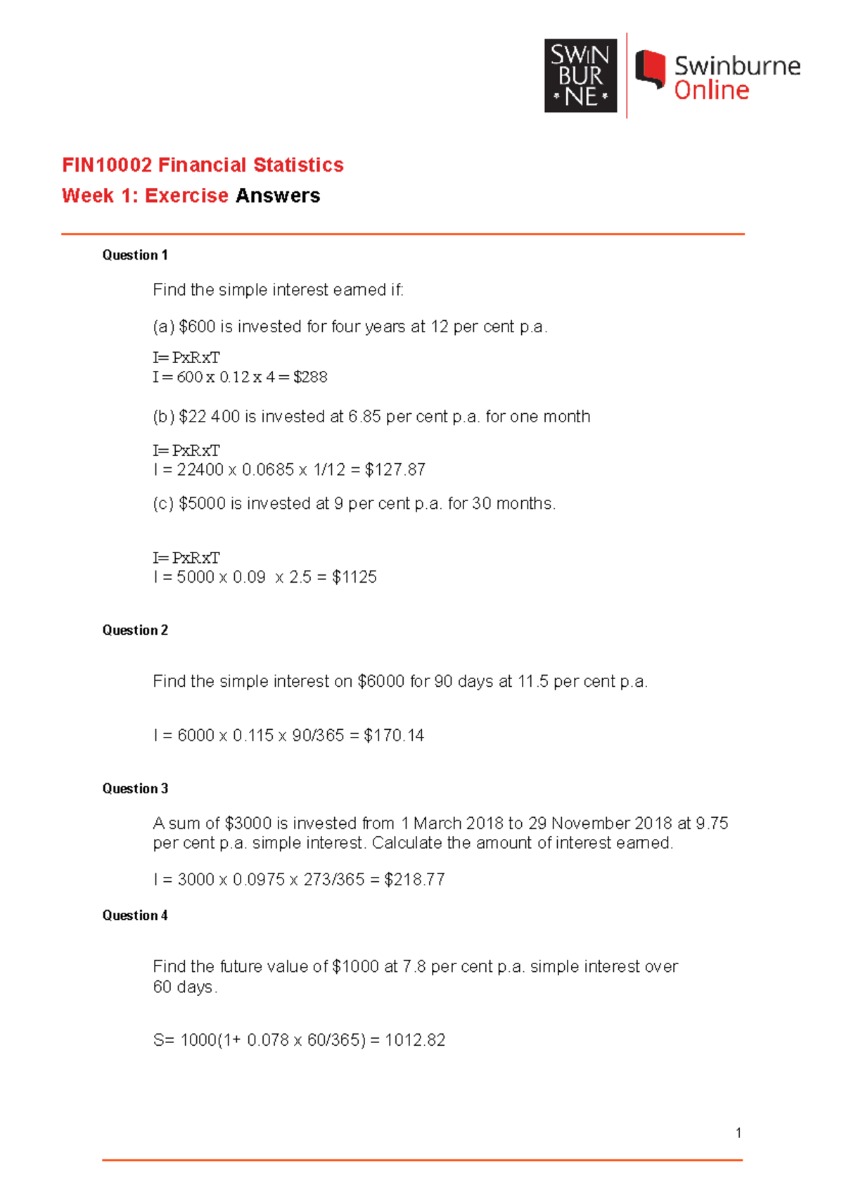 FIN10002 exercise answer week1 - FIN10002 Financial Statistics Week 1 ...