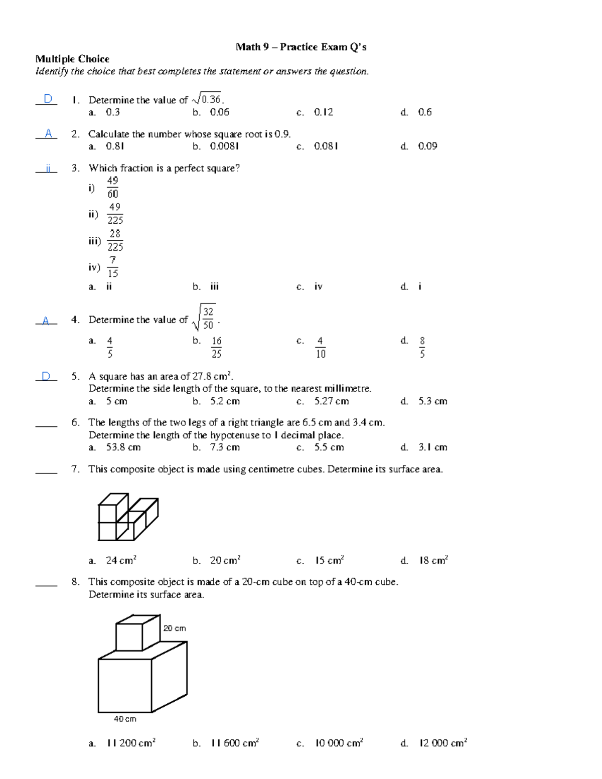 Math 9 - Practice exam q's w answer key copy - Math 9 – Practice Exam Q ...