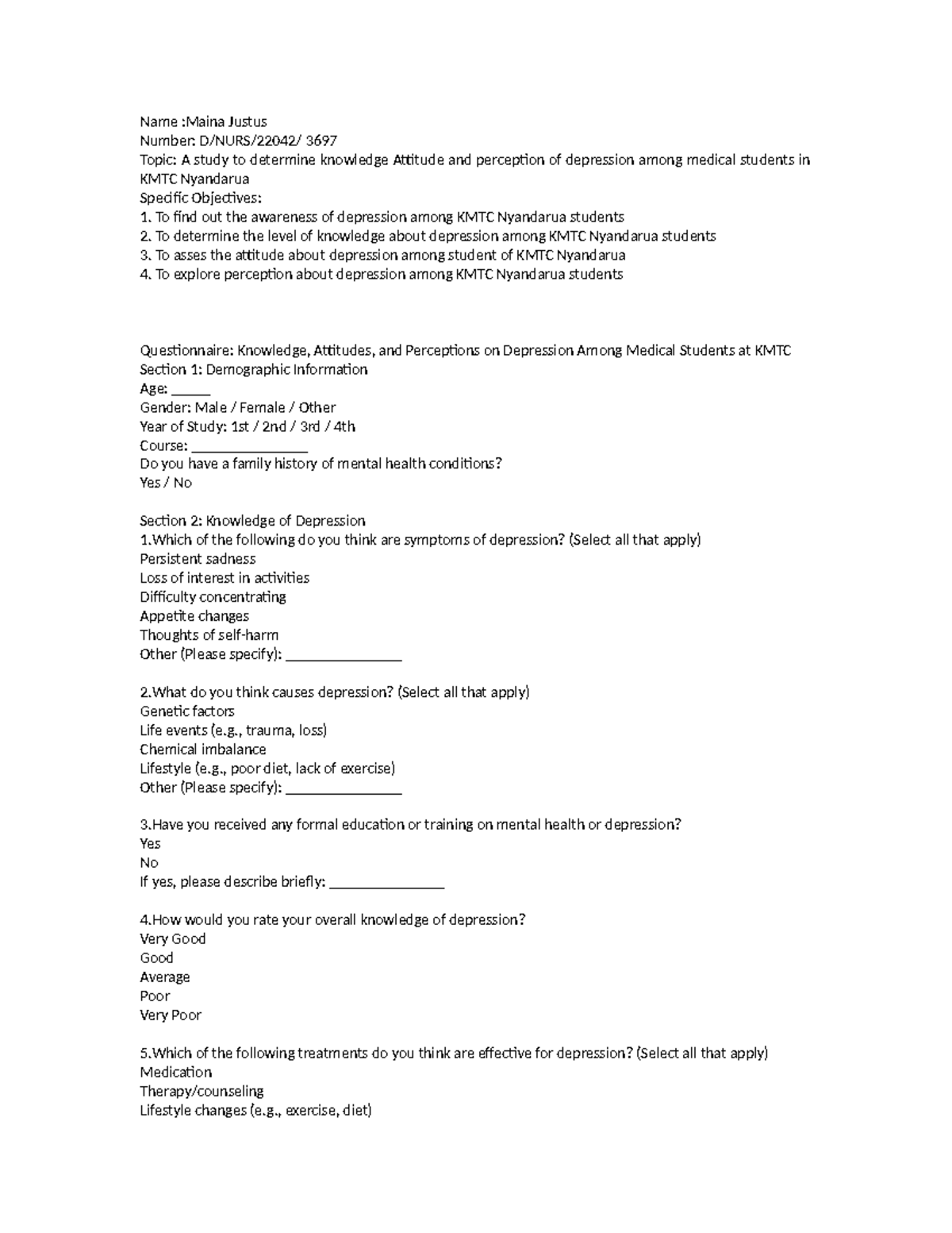 Questionnaire Knowledge, Attitu - Name :Maina Justus Number: D/NURS ...