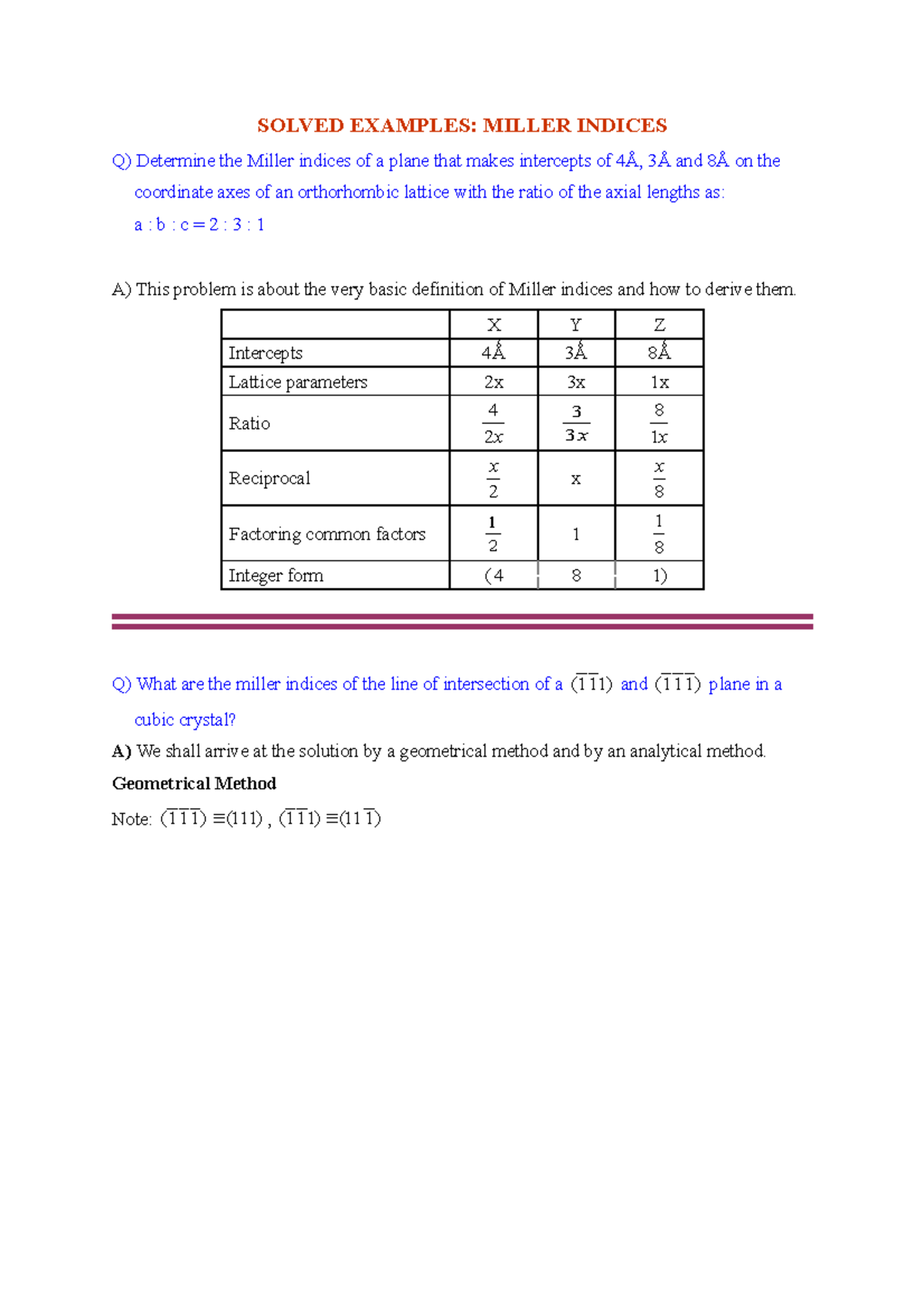 Miller indices - Lecture notes 3 - SOLVED EXAMPLES: MILLER INDICES Q ...