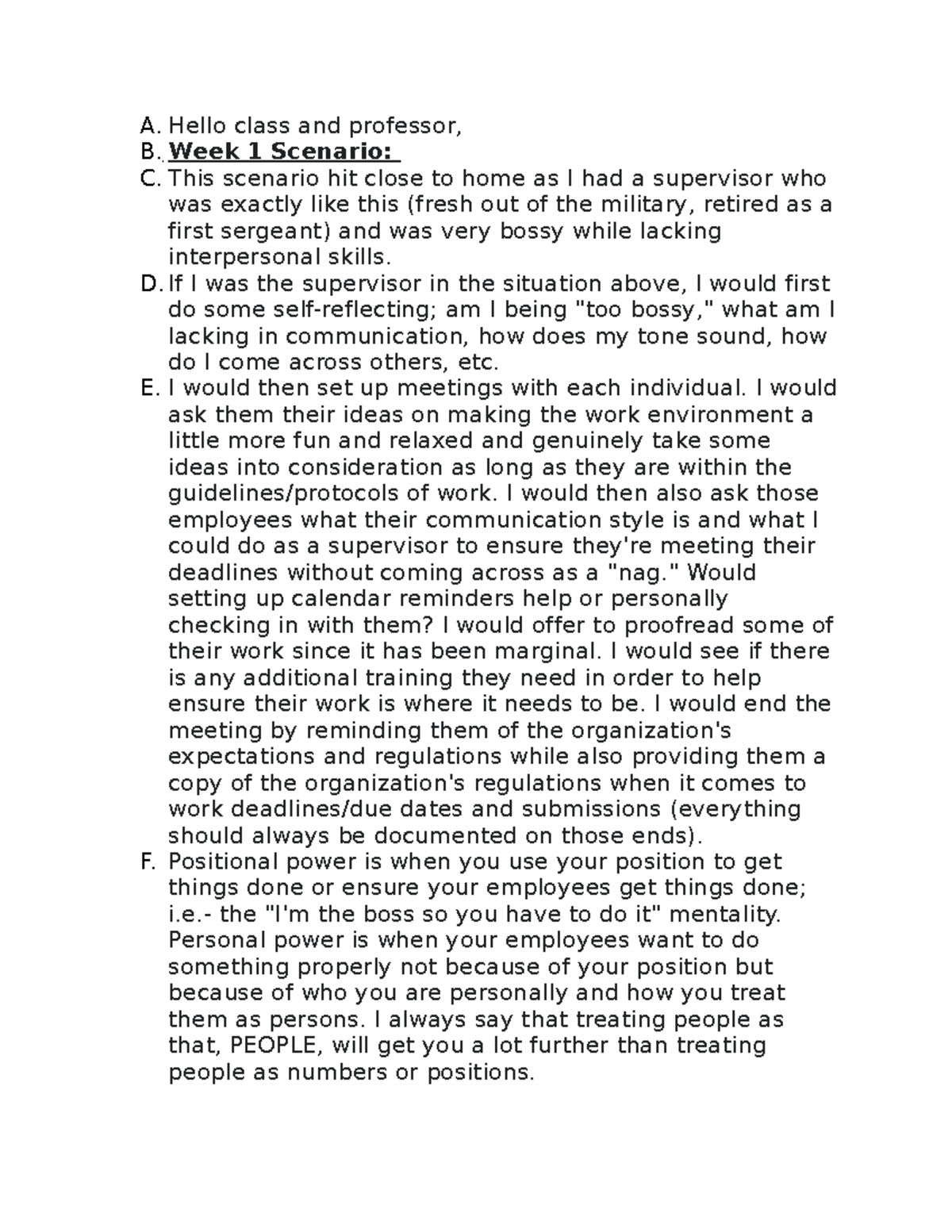 People - notes - A. Hello class and professor, B. Week 1 Scenario: C ...