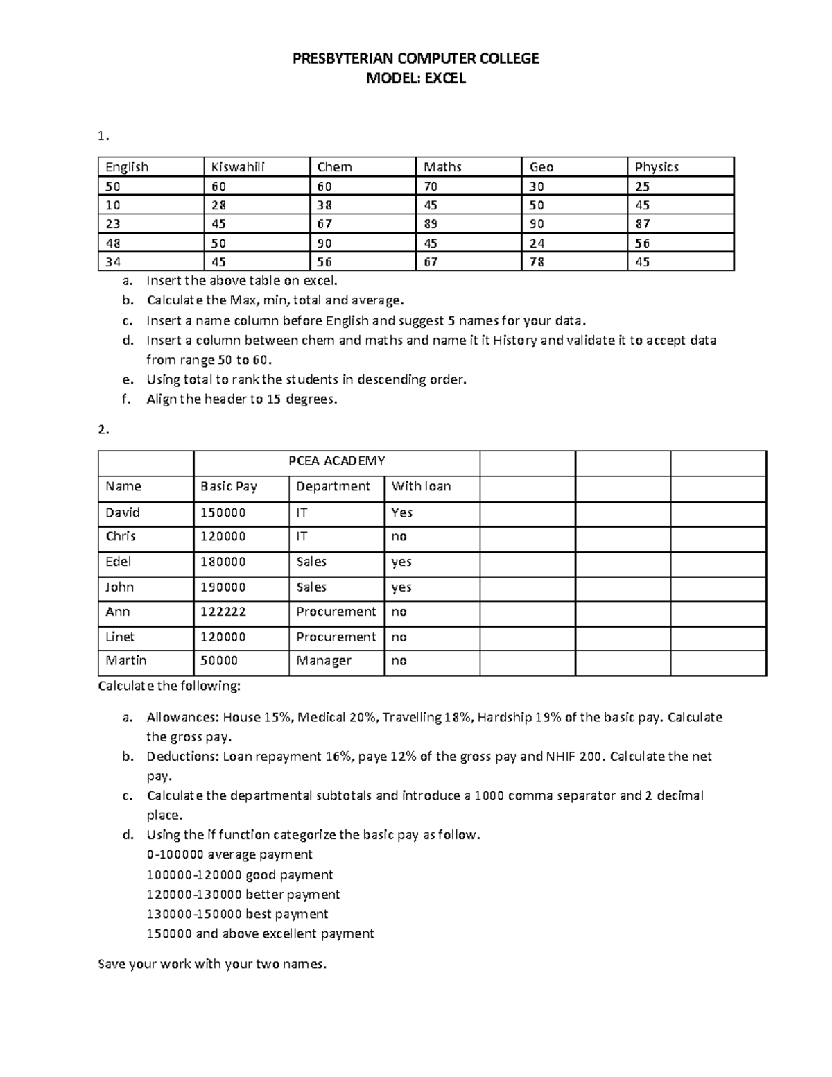 Excel exam - PRESBYTERIAN COMPUTER COLLEGE MODEL: EXCEL 1. English ...