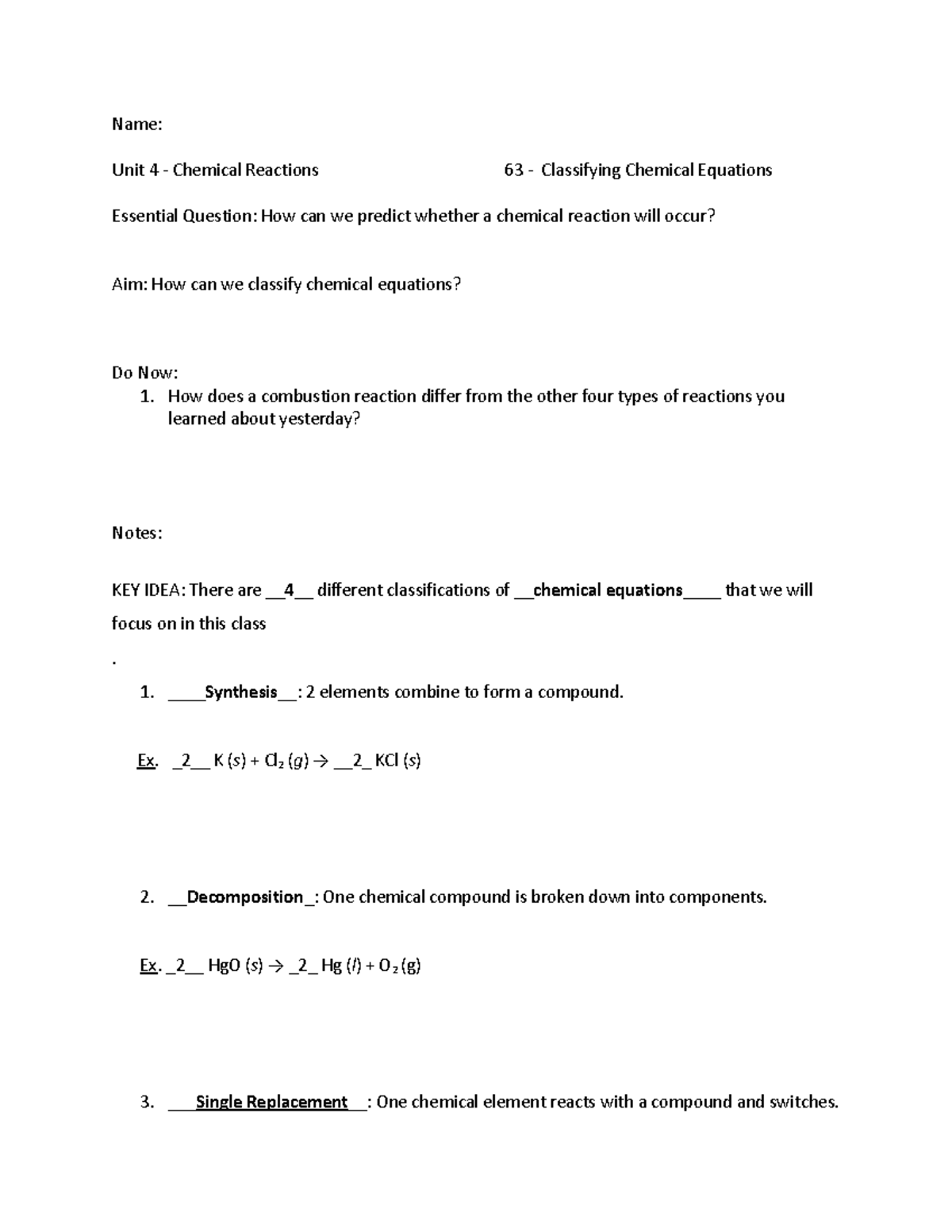 63 - Classifying Chemical Equations - Name: Unit 4 - Chemical Reactions ...