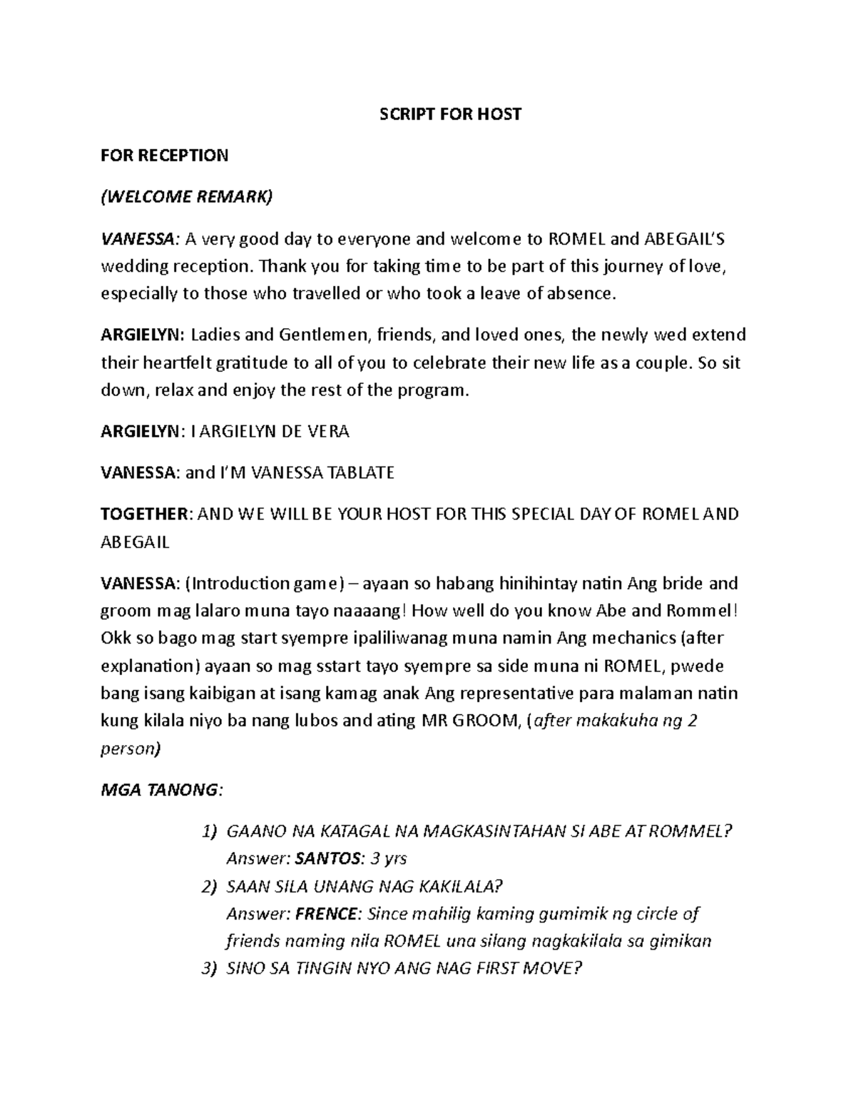 Script-FOR-HOST - Bjkk - SCRIPT FOR HOST FOR RECEPTION (WELCOME REMARK) VANESSA: A very good day ...