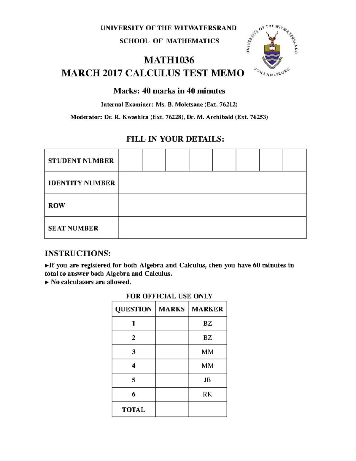 MATH1036 March 2017 Memo - UNIVERSITY OF THE WITWATERSRAND SCHOOL OF ...