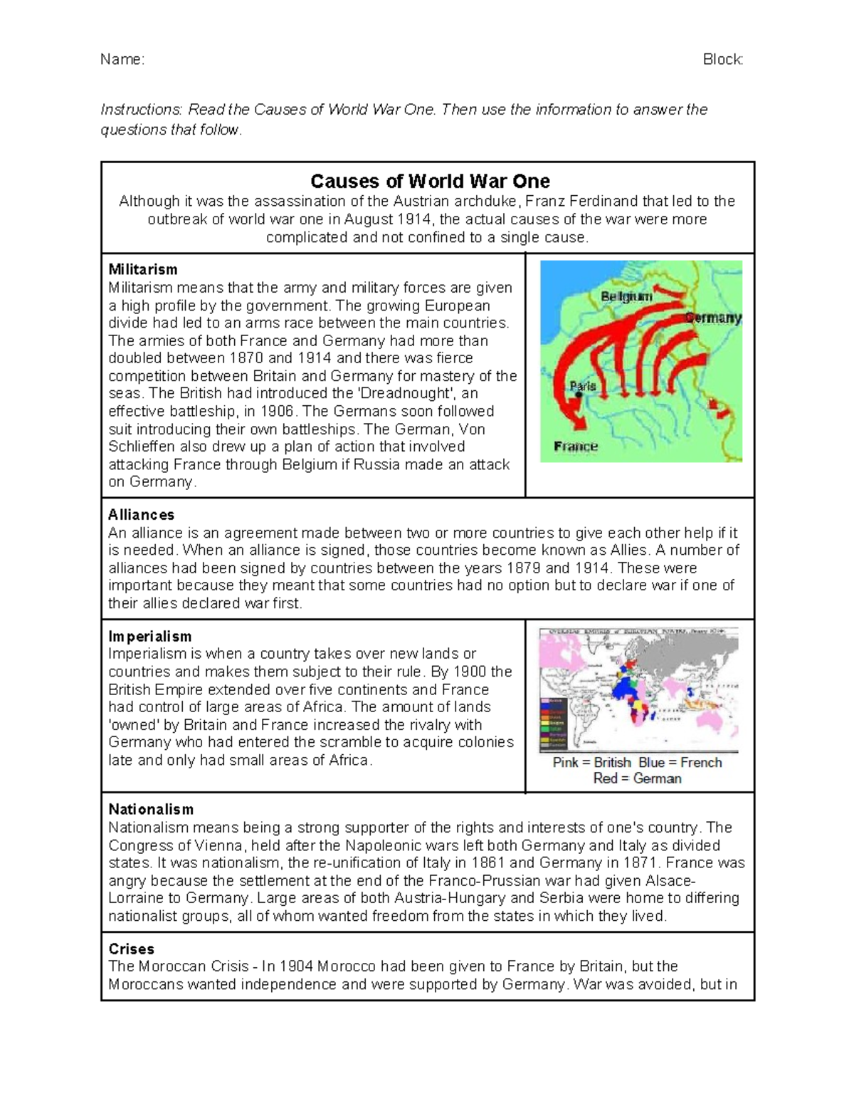 Causes of World War One - Then use the information to answer the ...