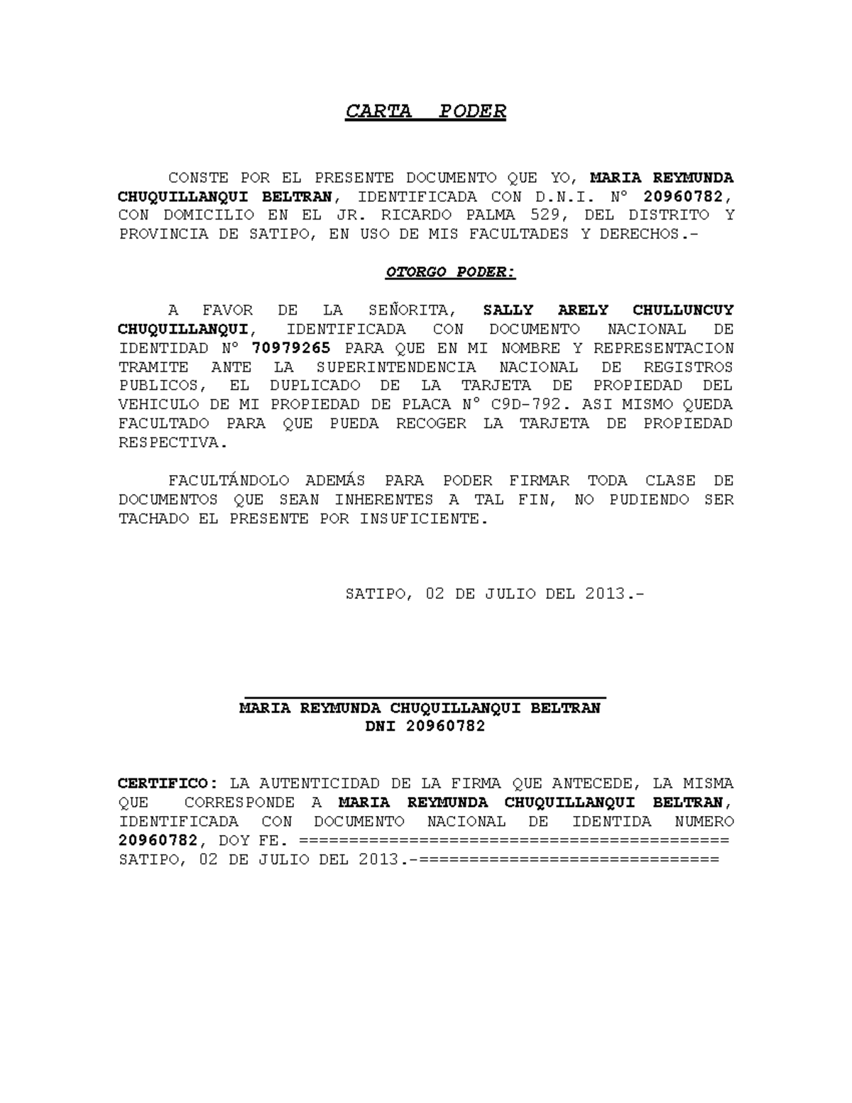 Carta poder duplicado de tarjeta de propiedad - CARTA PODER CONSTE POR ...