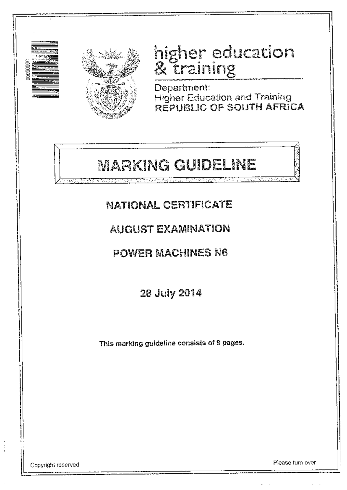 N6 Power Machines July 2014 Marking Guideline - PMN6 - Studocu