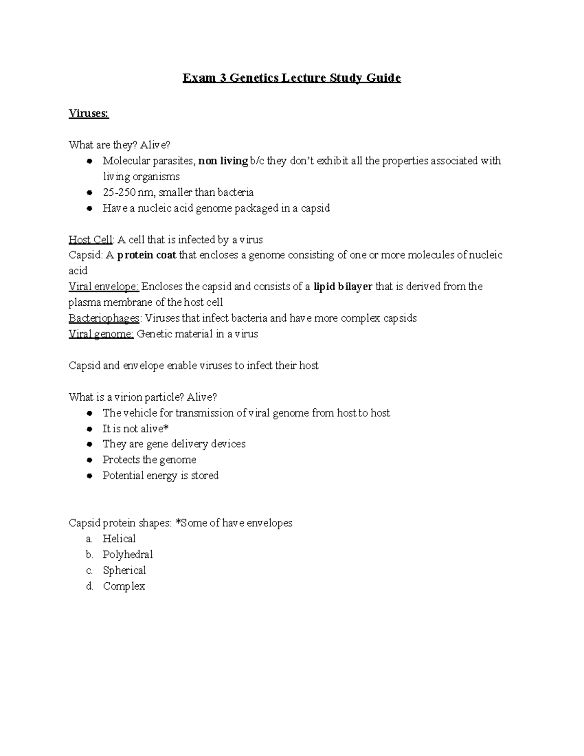 Genetics Study Guide Exam 3 Exam 3 Genetics Lecture Study Guide