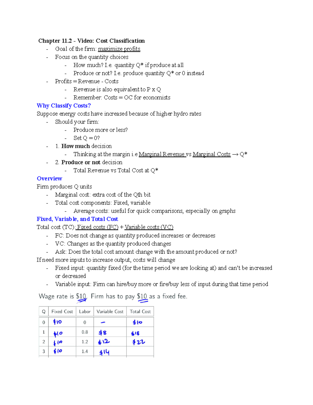 ECO101 W7 Module Notes - Covers cost classification, marginal product ...