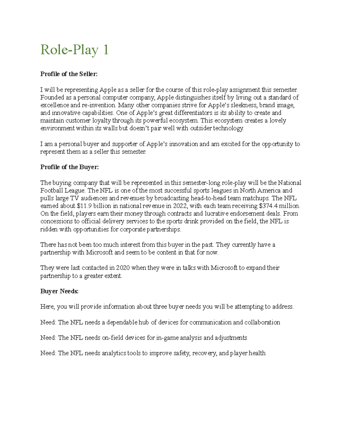 Role Play 1 - Role play 1 setup - Role-Play 1 Profile of the Seller: I ...