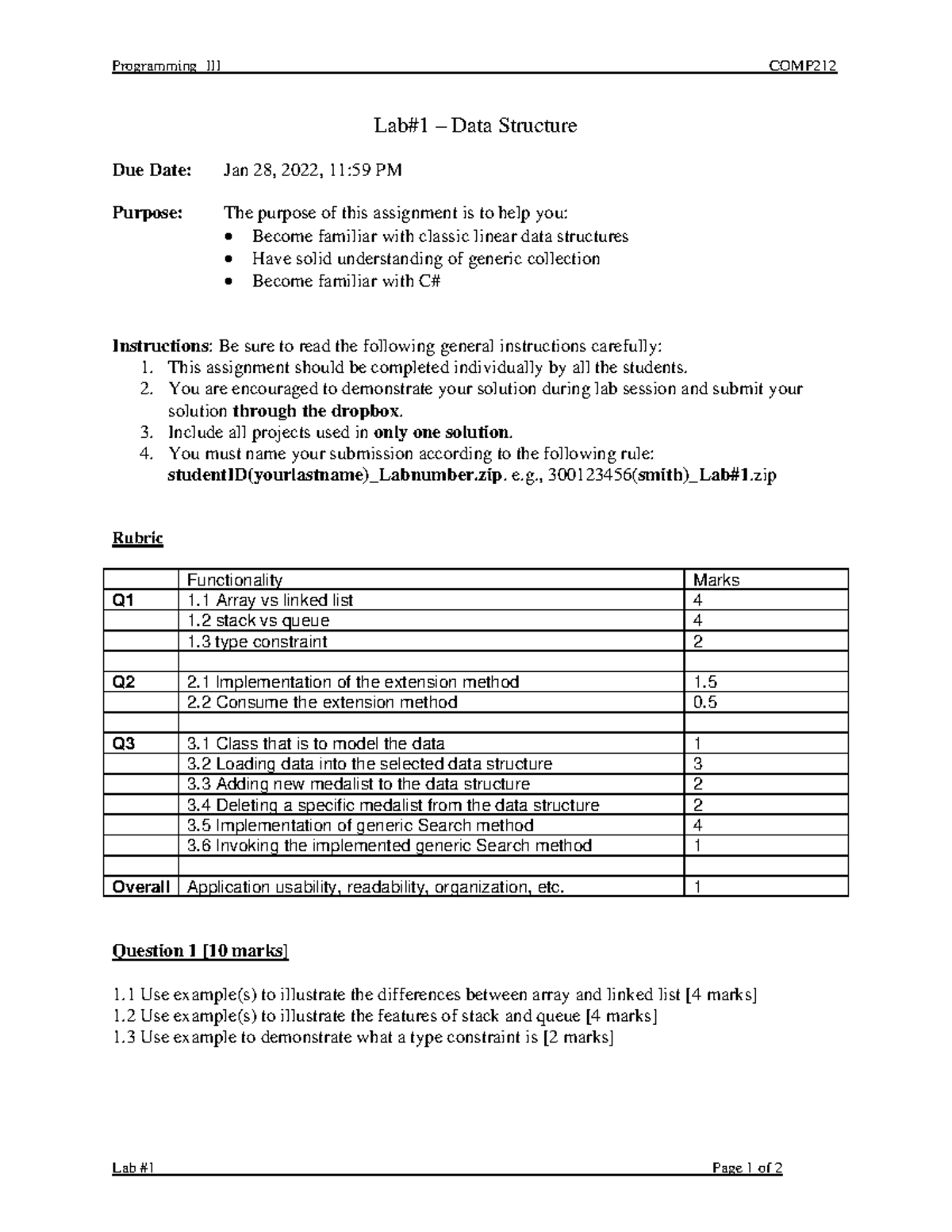 Lab1 Asdasd Programming Iii Comp Lab 1 Page 1 Of 2 Lab1 Data Structure Due Date Jan 28 1247