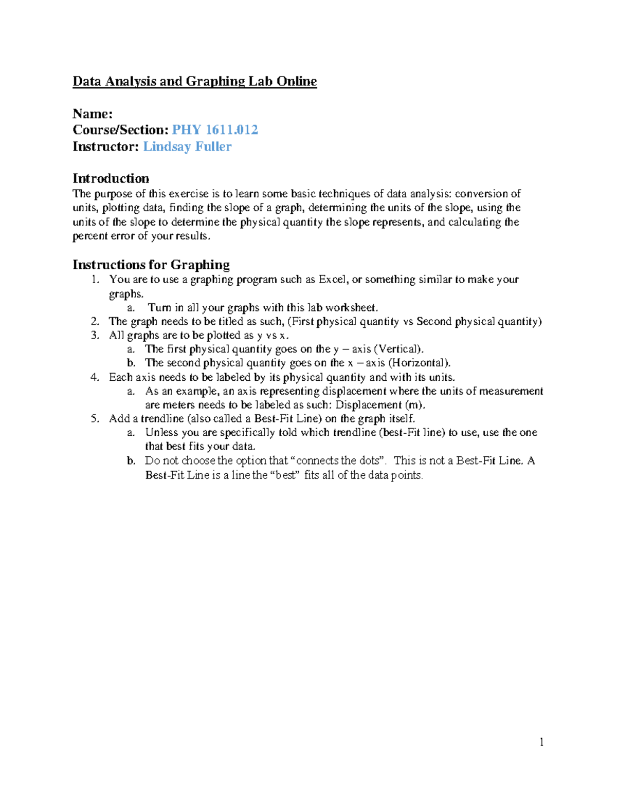 PHY 1611 Data Analysis and Graphing Online Lab - Data Analysis and Graphing Lab Online Name ...