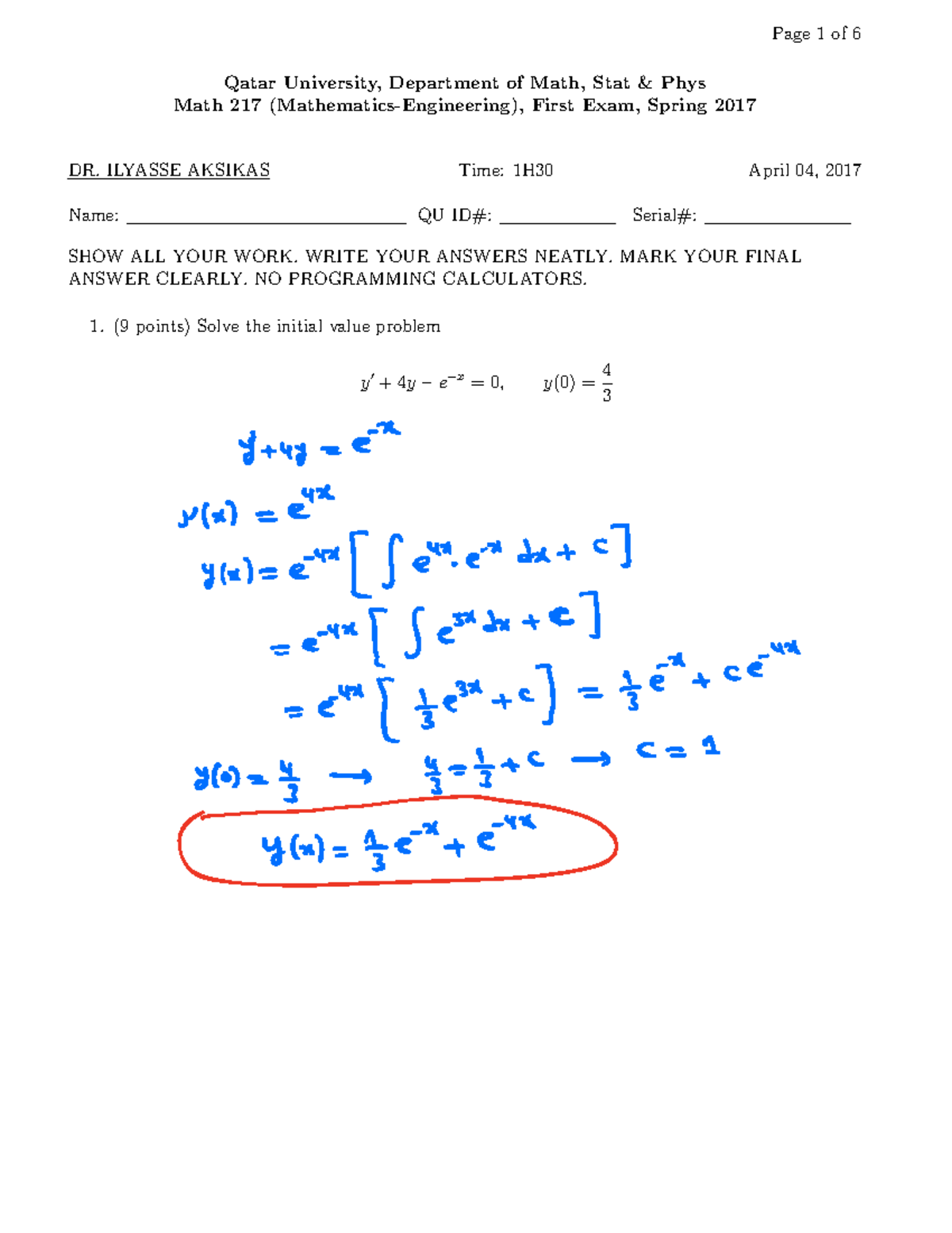 Exam1 - Spring 2017 Sol - Mathematics for Engineering [MATH217] : Exam ...