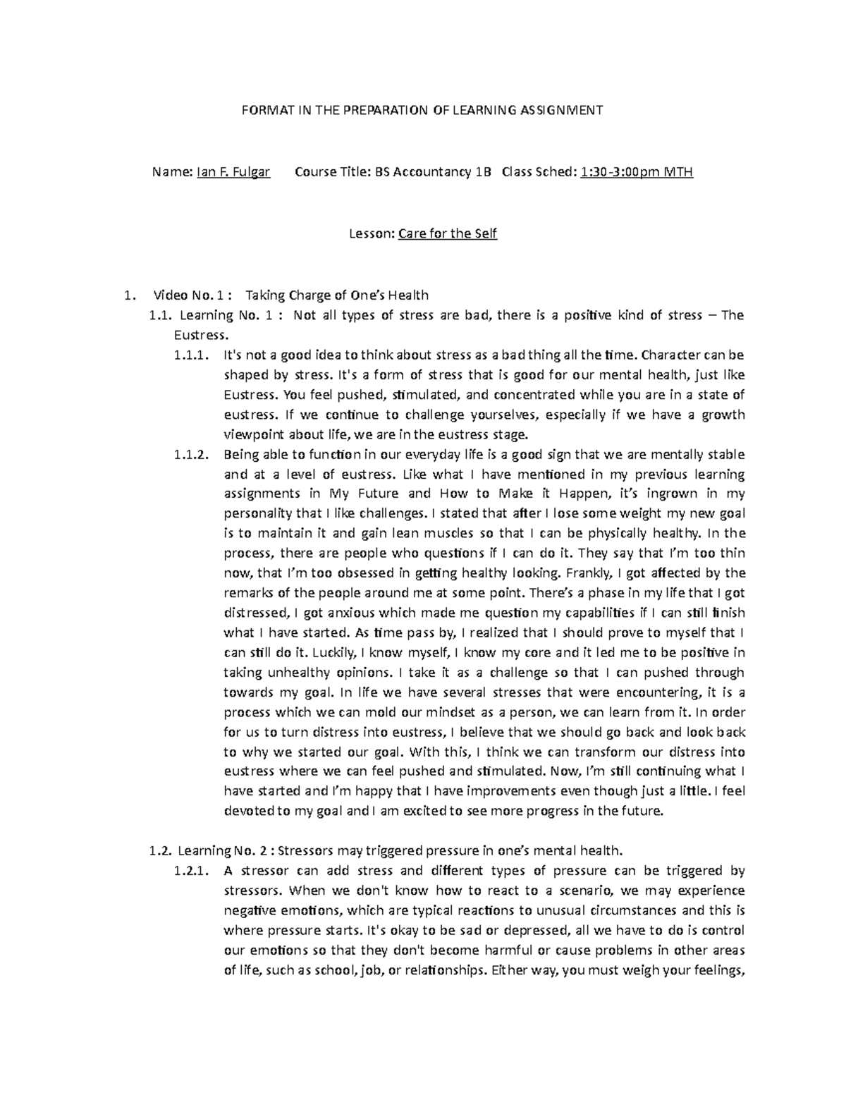 Learning Assignment in the Care for the Self - FORMAT IN THE ...