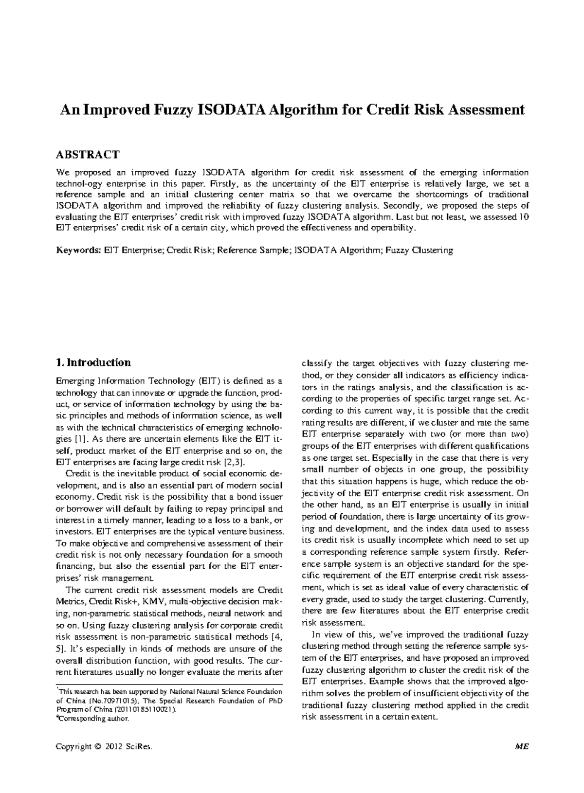 An Improved Fuzzy Isodata Algorithm For Credit Risk Assessment An Improved Fuzzy Isodata