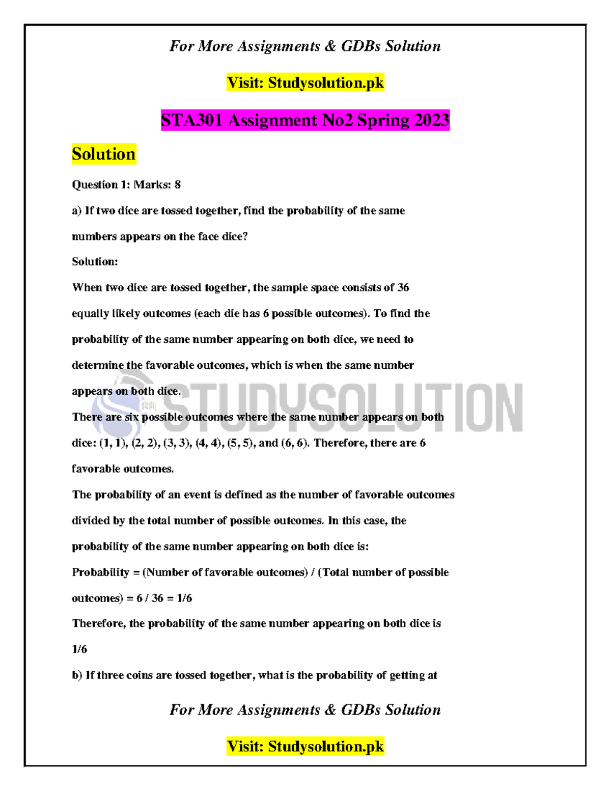 STA301 Assignemnt No2 Spring 2023 by Shan 03333333056 whatsapp - Statistics and Probability ...