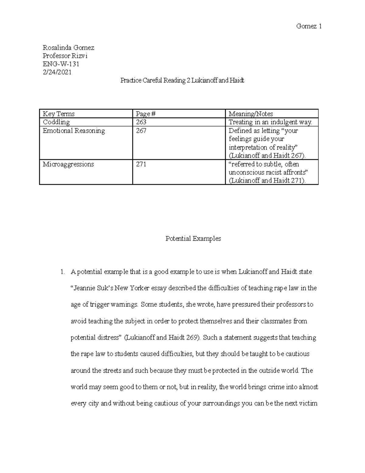 Practice Careful Reading 2 revised - Gomez 1 Rosalinda Gomez Professor ...