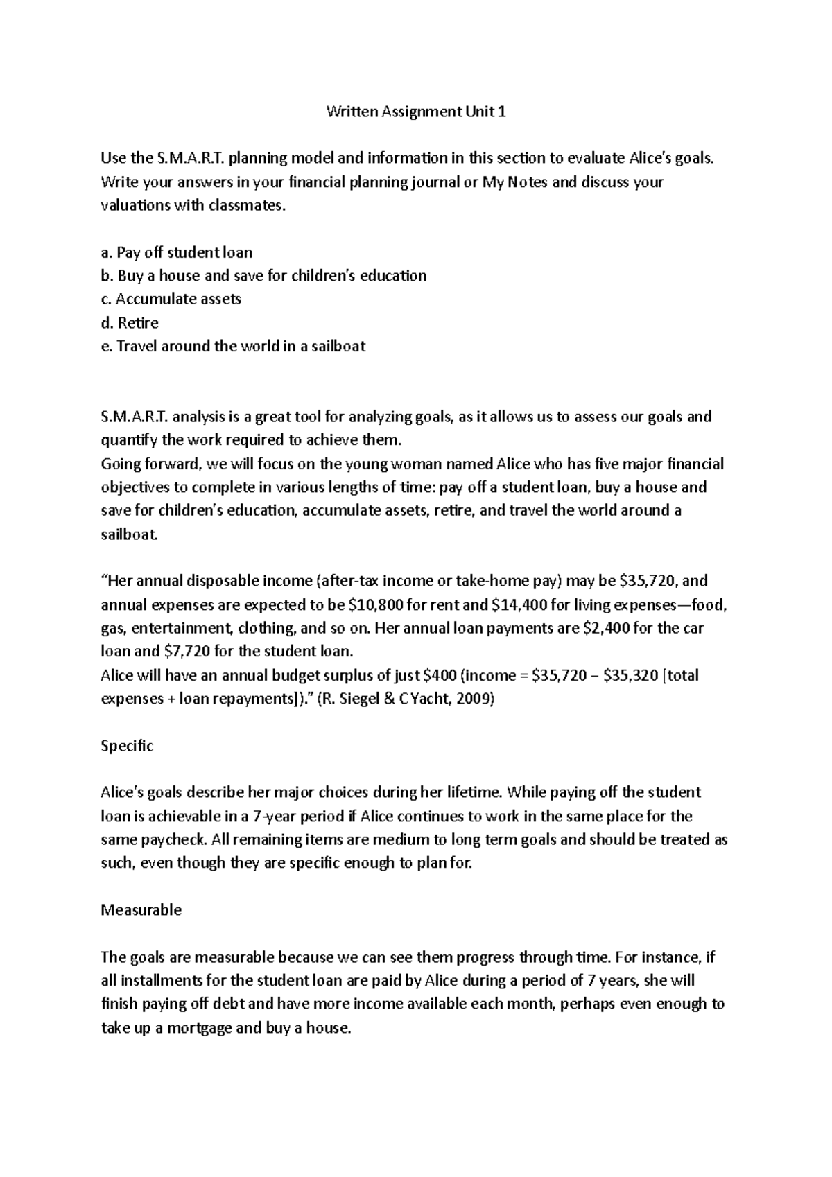 Written Assignment Unit 1 - M.A.R. planning model and information in this section to evaluate ...