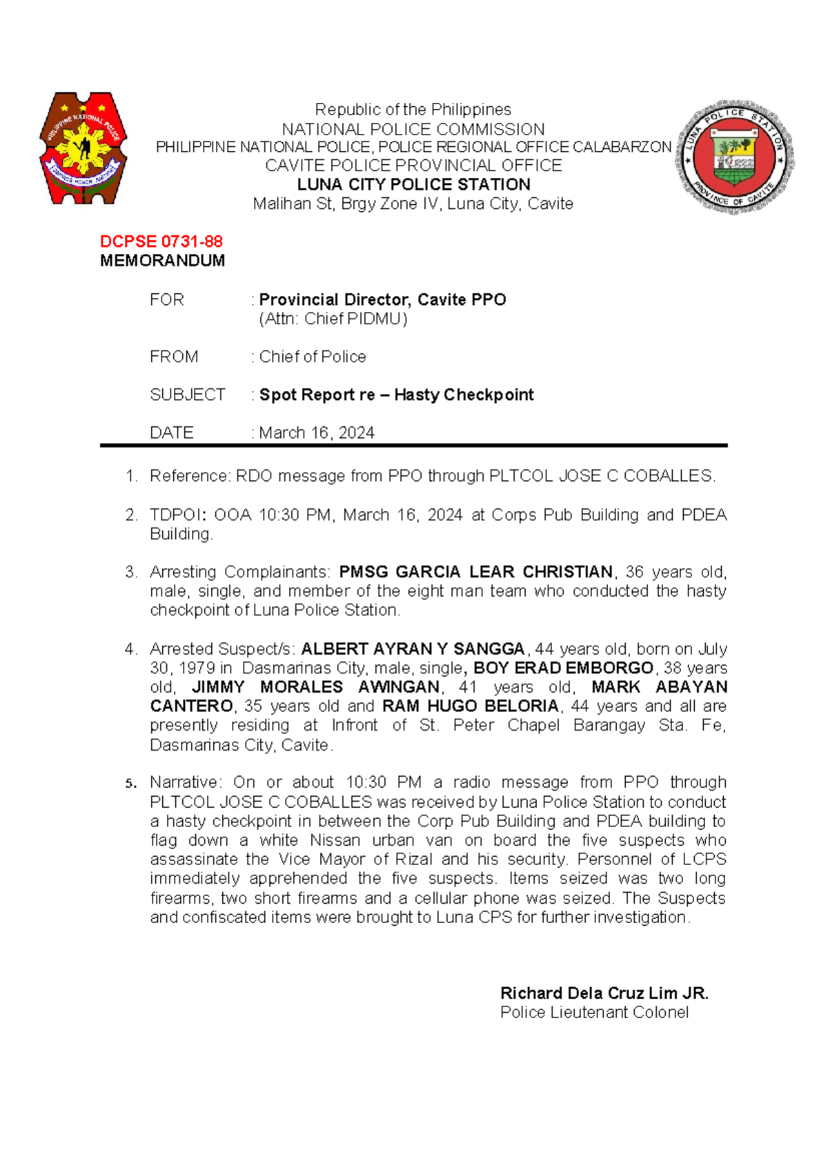 SPOT Report Hasty Checkpoint - Republic of the Philippines NATIONAL ...