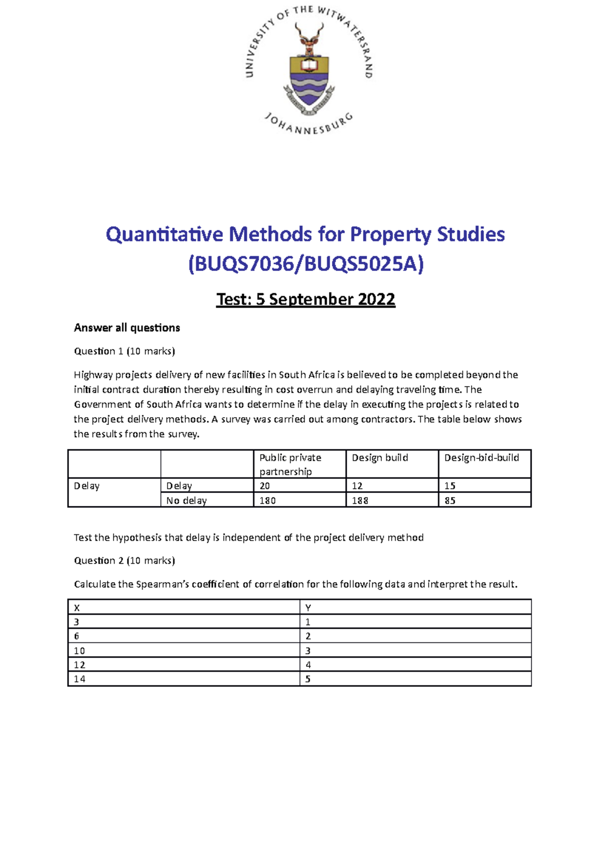 Quantitative Methods for Property Studies Test2 2022 - Quantitative ...