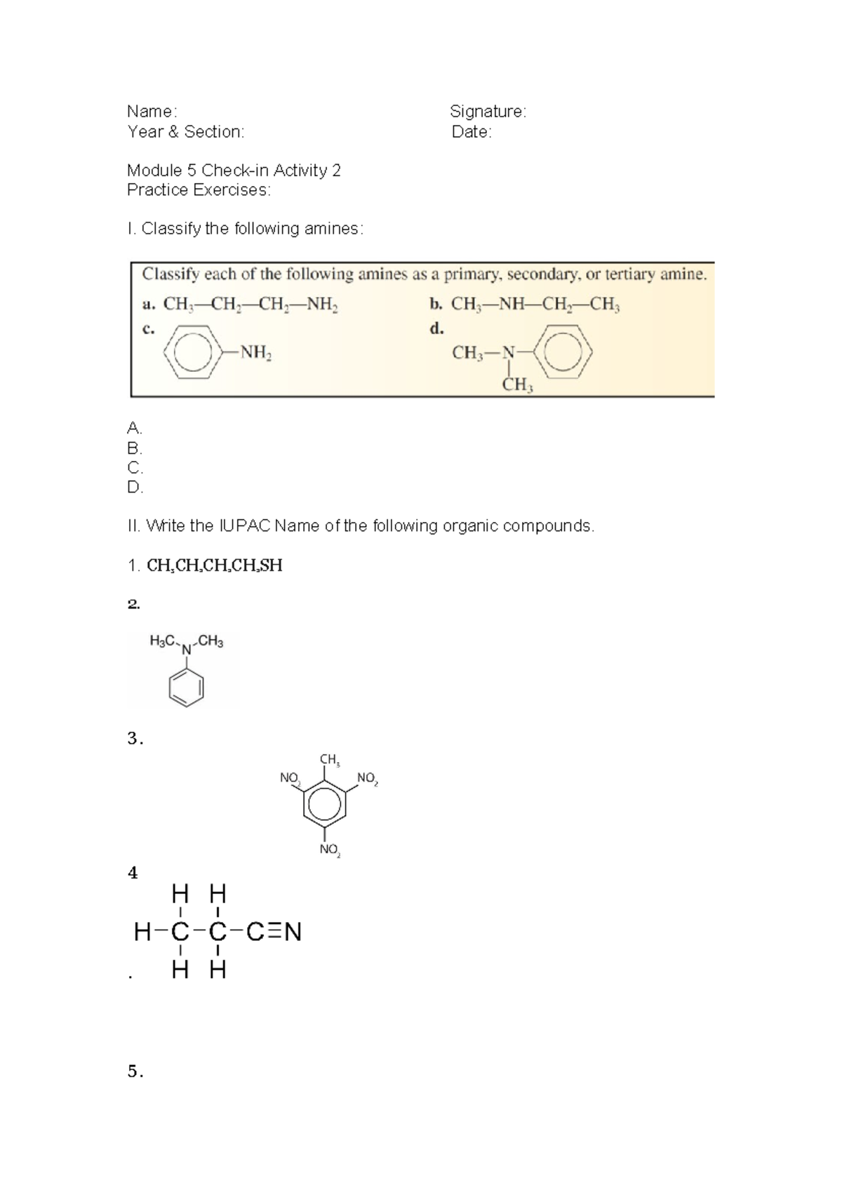 Module 5 Check-in Activity 2 OC lec - Chemistry - Name: Signature: Year & Section: Date: Module ...