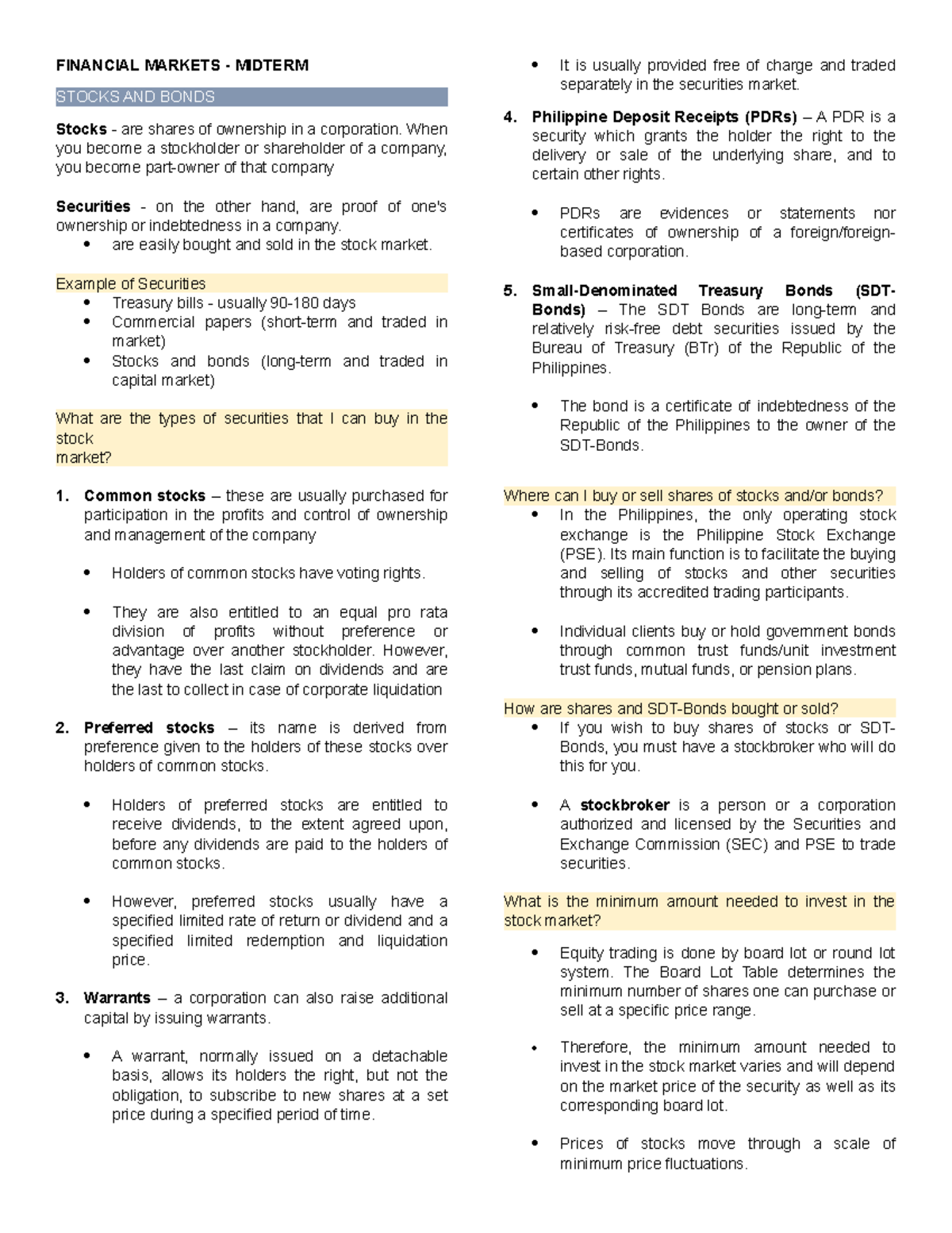 Finmar Discussion - FINANCIAL MARKETS - MIDTERM STOCKS AND BONDS Stocks ...